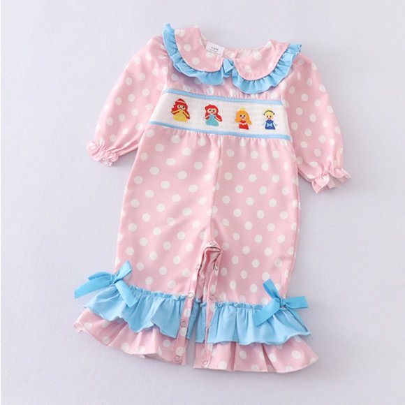 One Pieces | Princess Belle Ariel Cinderella Baby Girls Smocked Embroidered Boutique Romper ...